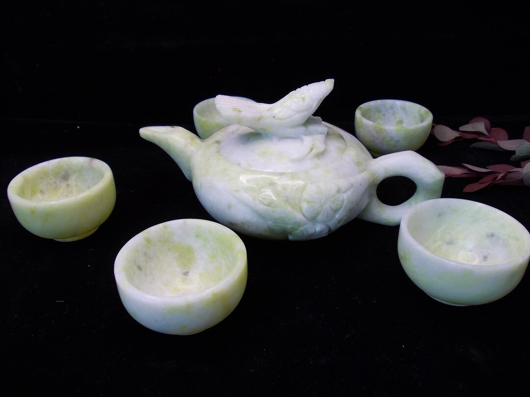 Jade Jadeite Tea Set Tea Pot 5 Cups in Case, Natural Jade Healing ...
