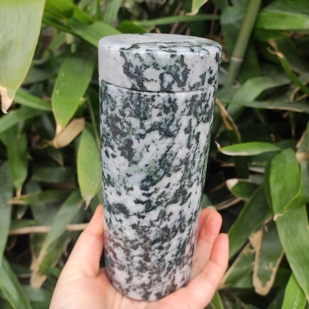 Natural Serpentine Green Jade Cup Bottle Water Container Quartz With Lid Make by a Whole Piece ...