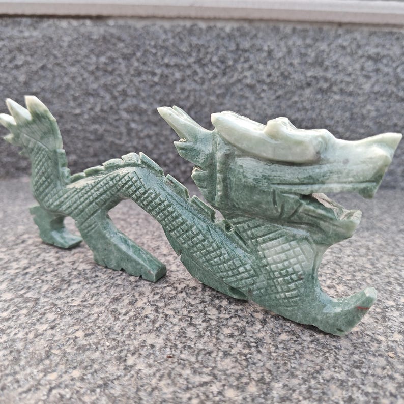 7.08inch Long Natural Green Jade Dragon Statue Chinese Feng Shui Lucky ...