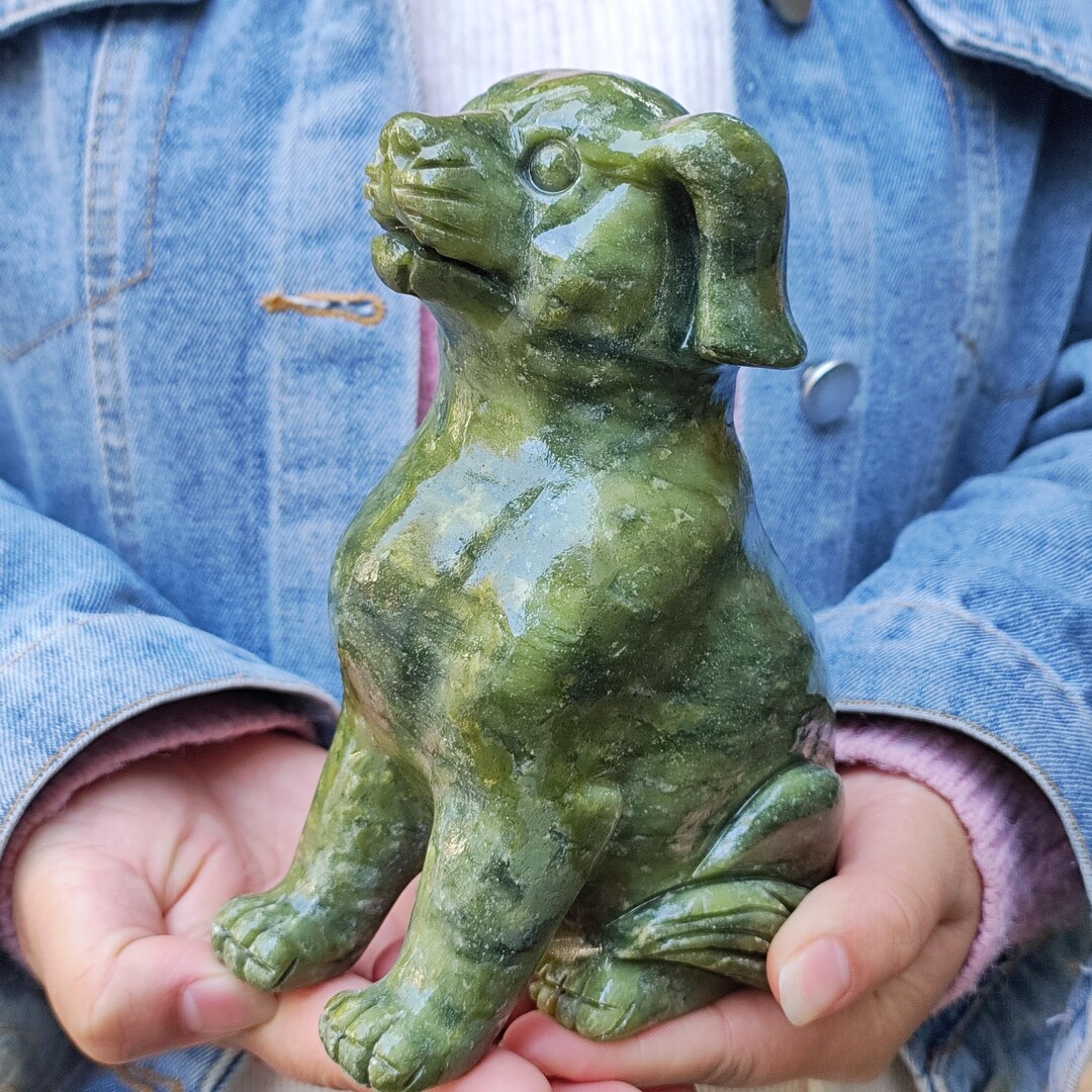 Crystal Pet Dog Statue, Green Jade Dog Figurine, Hand-carved Gemstone ...