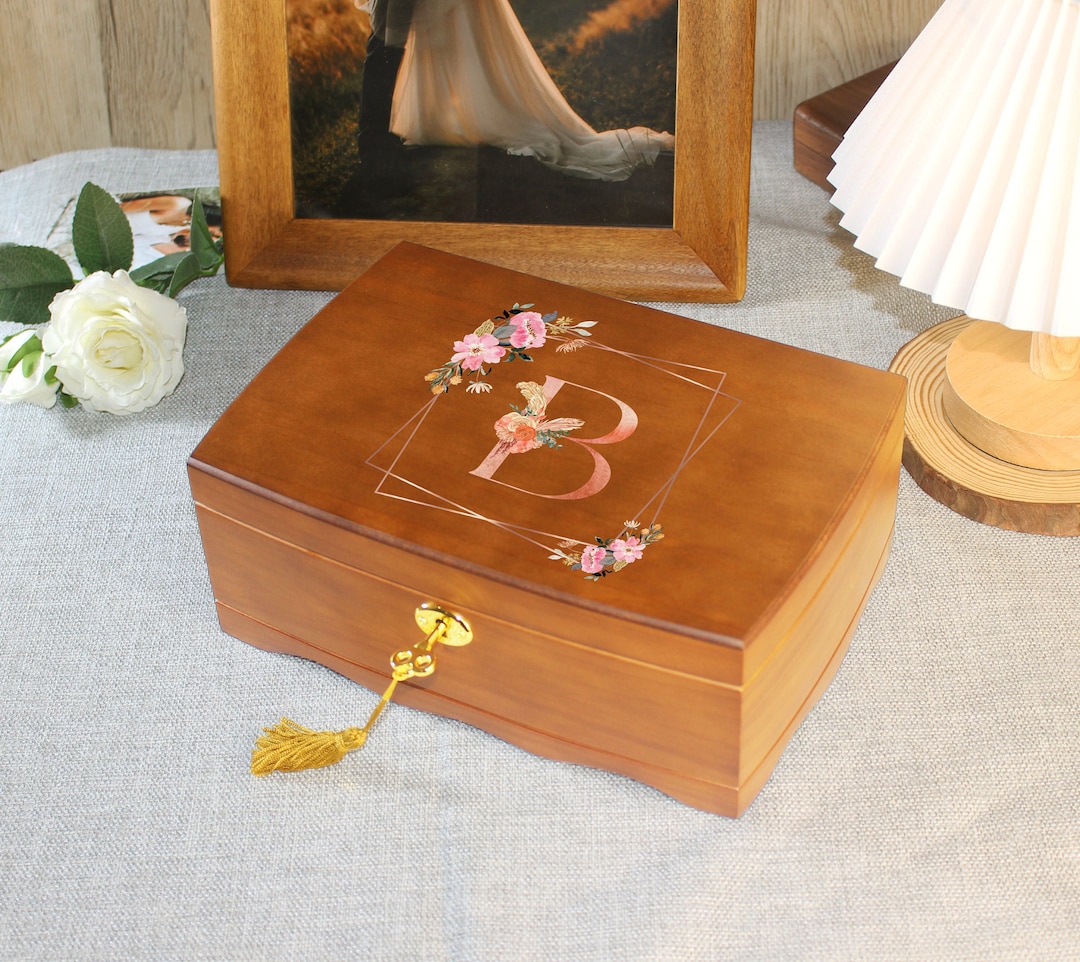 Custom Wooden Jewelry Box for Women, Alphabet Flower Wood Jewelry ...
