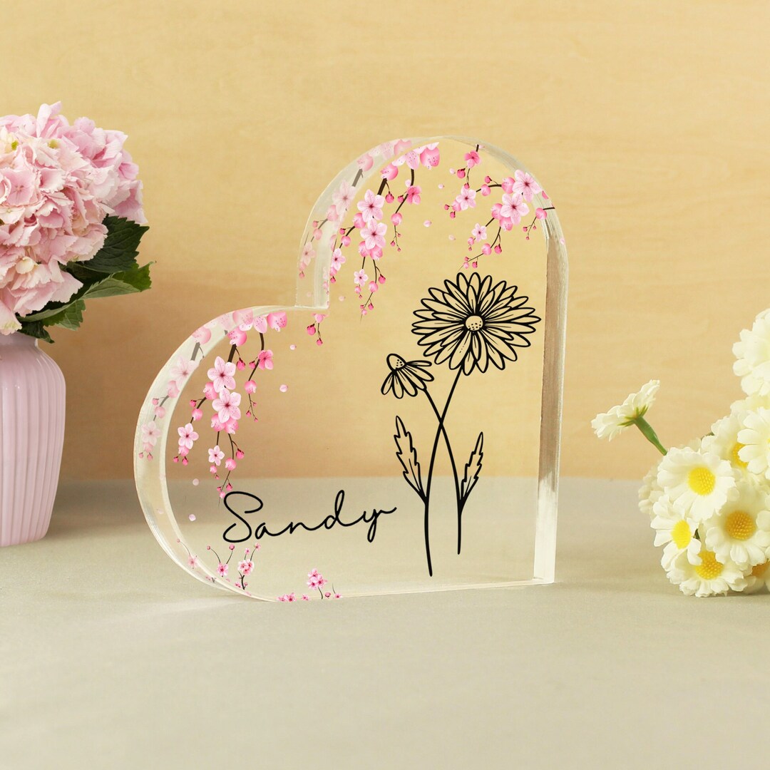 Personalized Birth Flower Heart Acrylic Plaque,custom Name Heart ...
