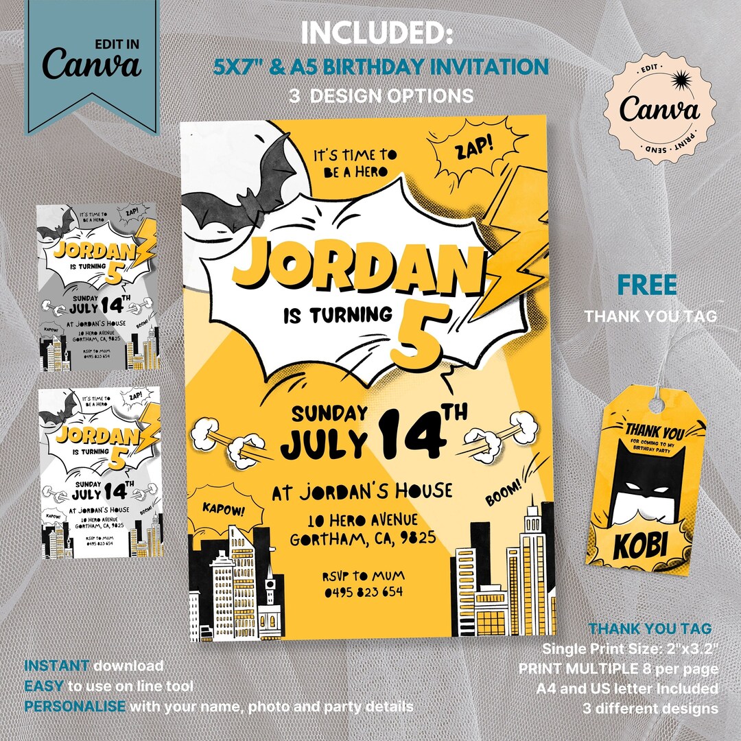 SUPERHERO 1 Birthday Party Invitation 5x7" and A5 in 3 Different Colour ...