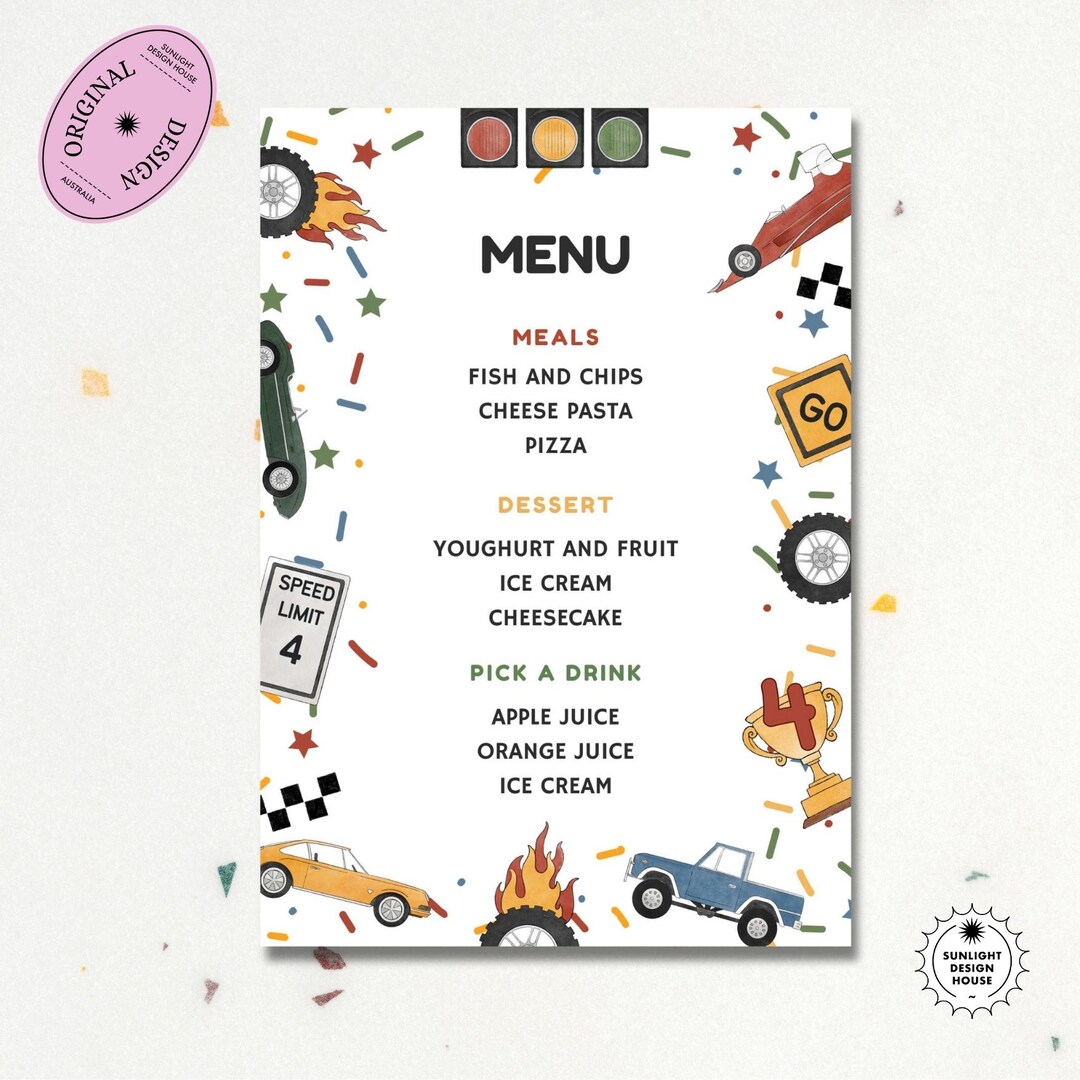 RACING CARS Menu Card for Aesthetic Birthday Party Instant Download ...