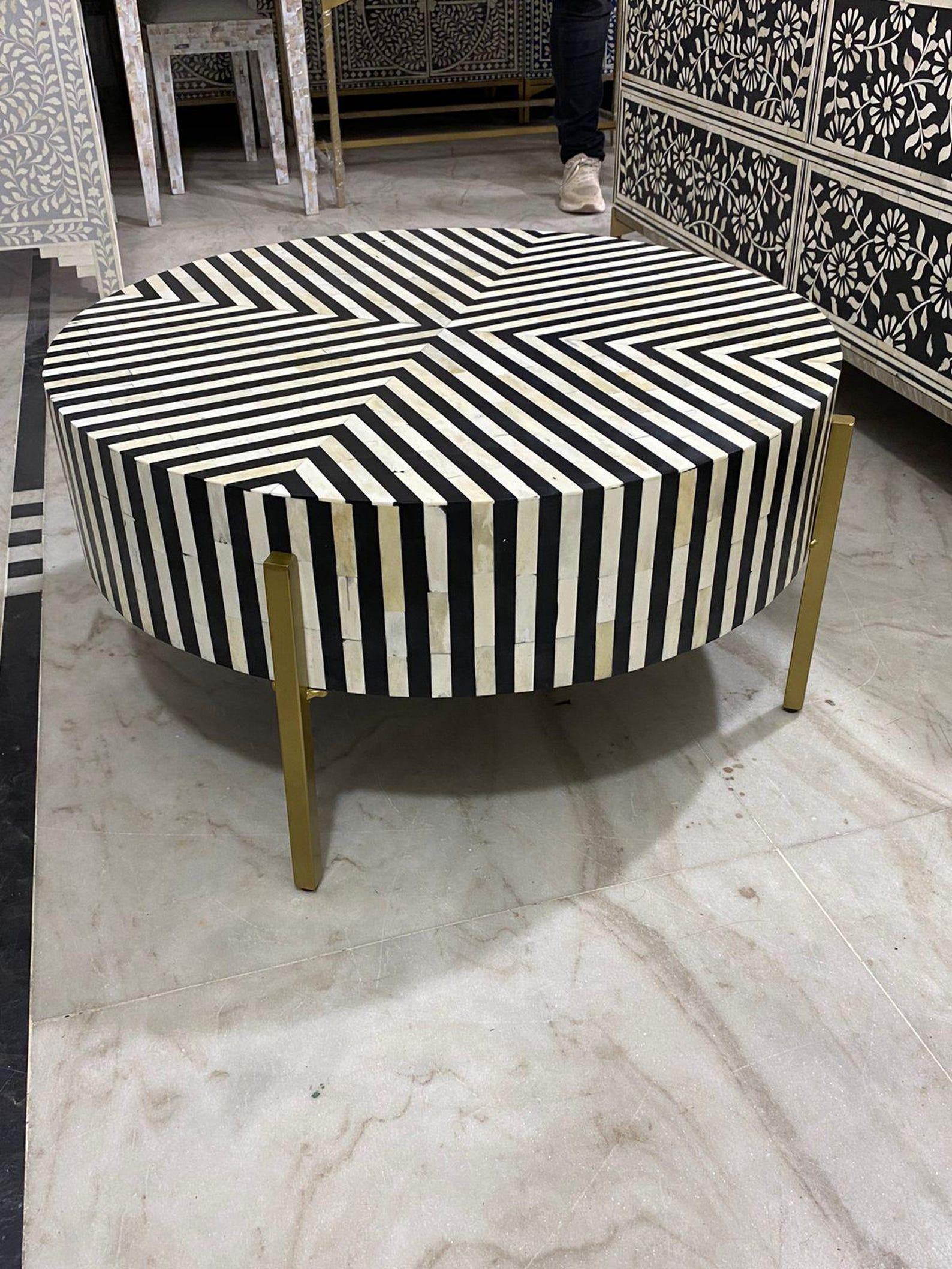 Bone Inlay Coffee Table | Unique Round Center Table | Handcrafted Bone ...