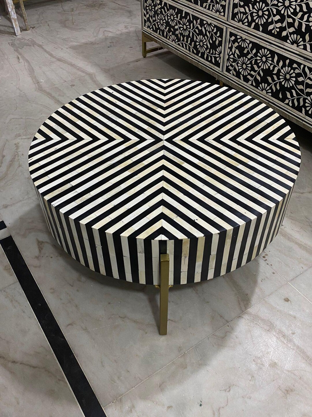 Bone Inlay Coffee Table | Unique Round Center Table | Handcrafted Bone ...