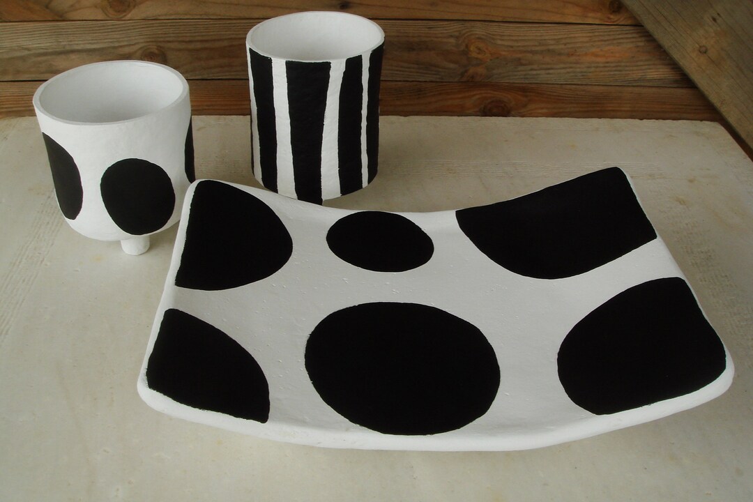 Paper Mache Plate and Bowl Set Handmade Black & White - Etsy