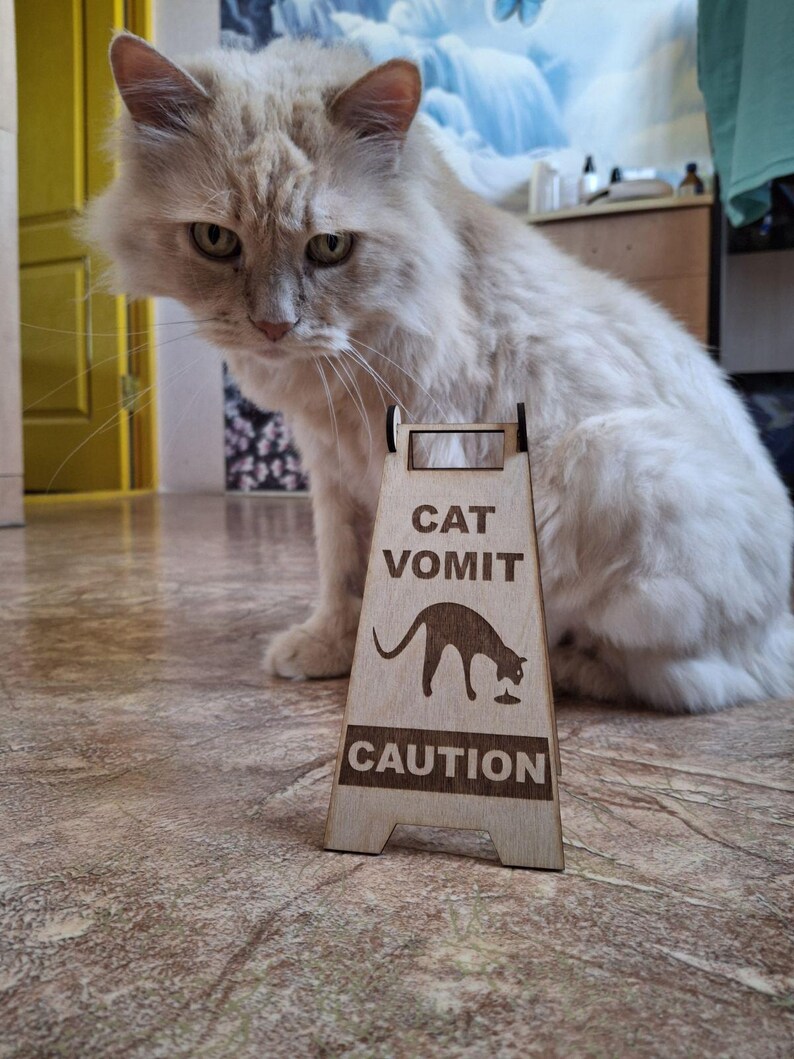 Laser Cut Cat Vomit Sign, Funny Gag Gift, Engraved Plaque Wet Floor ...