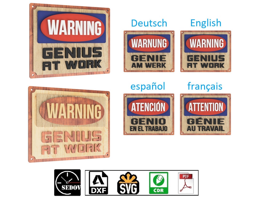 Funny Warning Sign: Attention Genius at Work in 4 Languages - Etsy