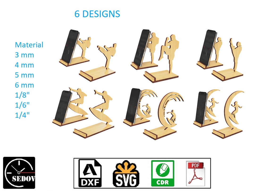 Laser Cut Template Phone Stands Set of 6 Pieces: 3 Surfer & 3 Karate ...