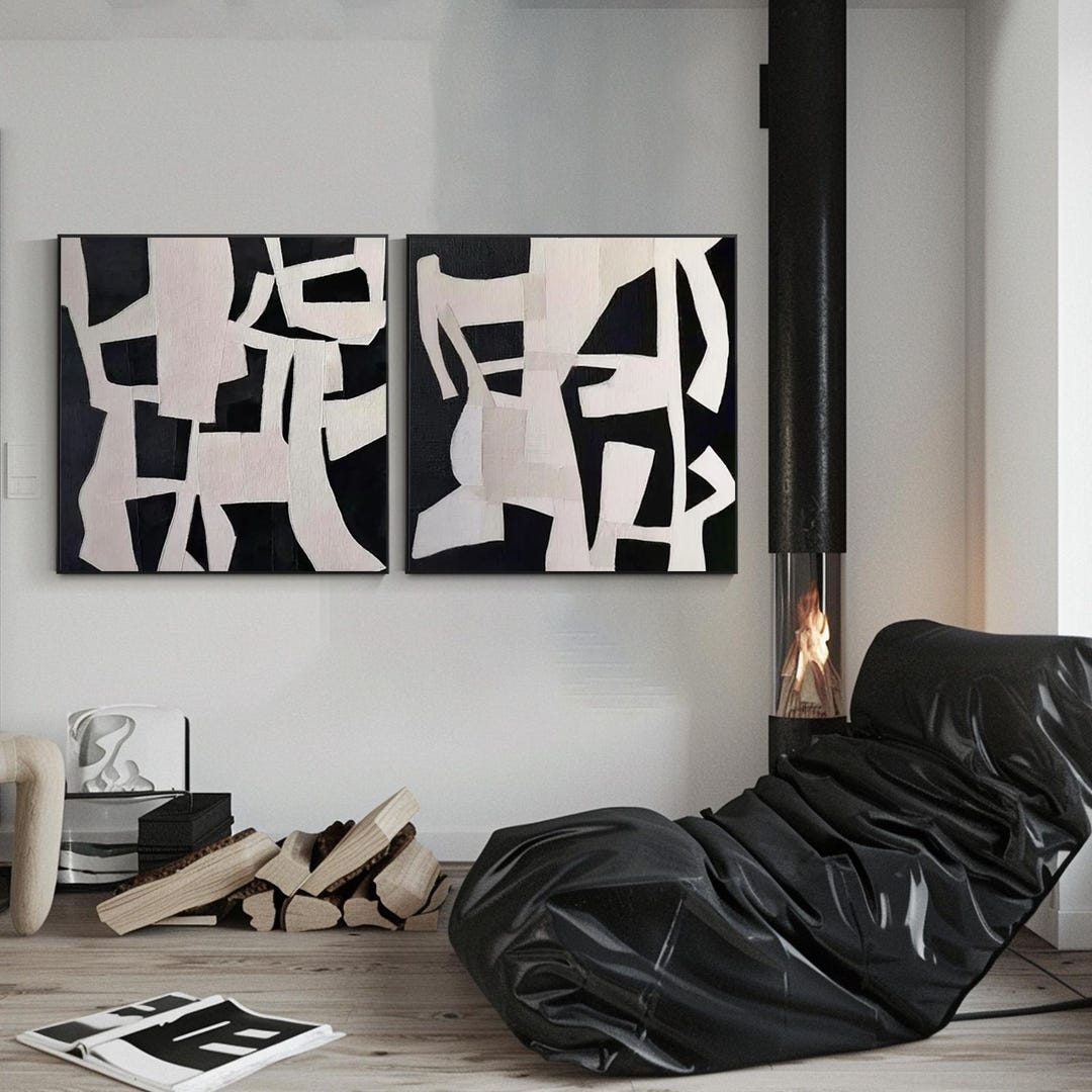 Black and White Abstract Diptych | Modern Geometric Wall Art | Hand ...