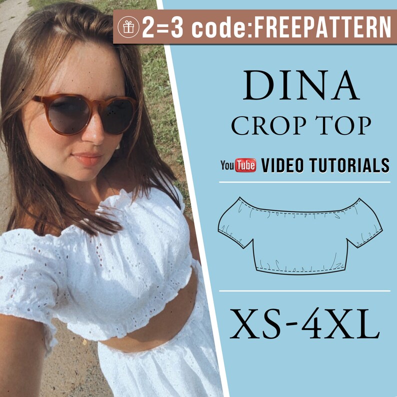 DINA Womens Gathered Crop Top Puff Sleeves Digital Pattern PDF Sewing ...