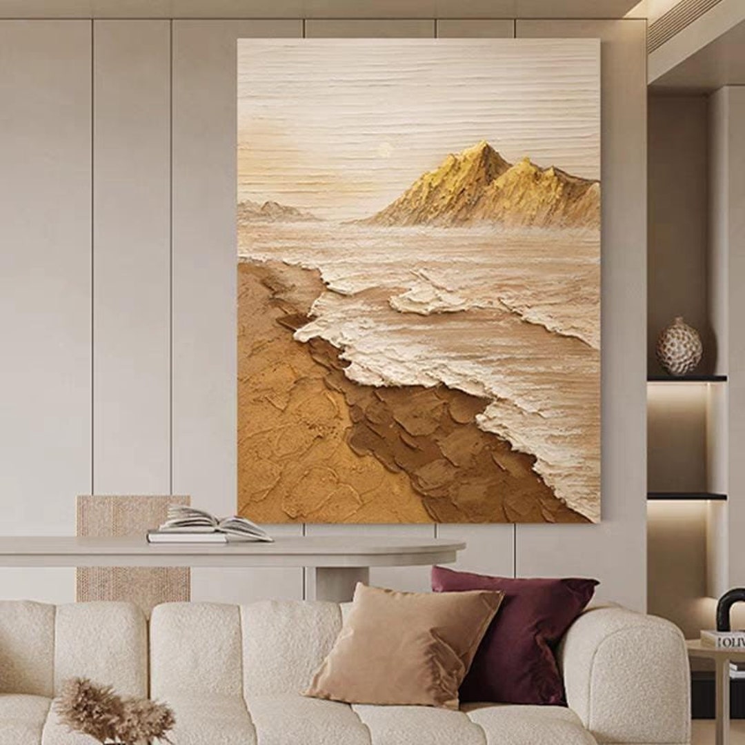 Tan Tone Seaside Landscape Painting, Ocean and Mountain Hand Painted ...