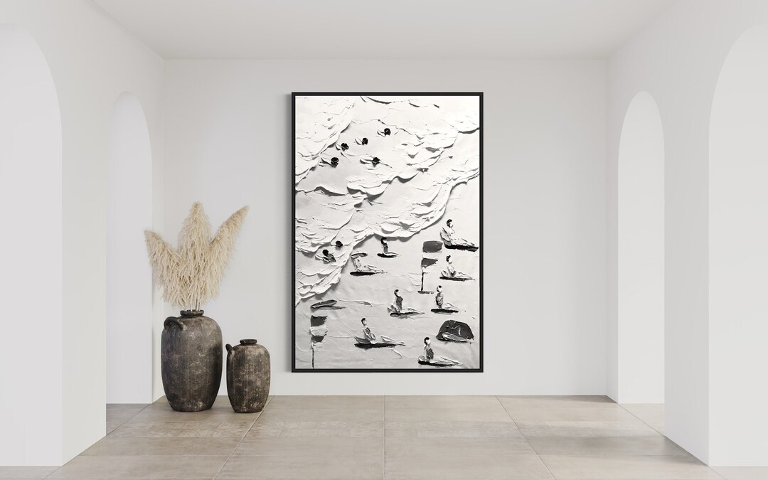 Black and White Busy Beach, Vertical Minimalist Hand-painted Oceanside ...