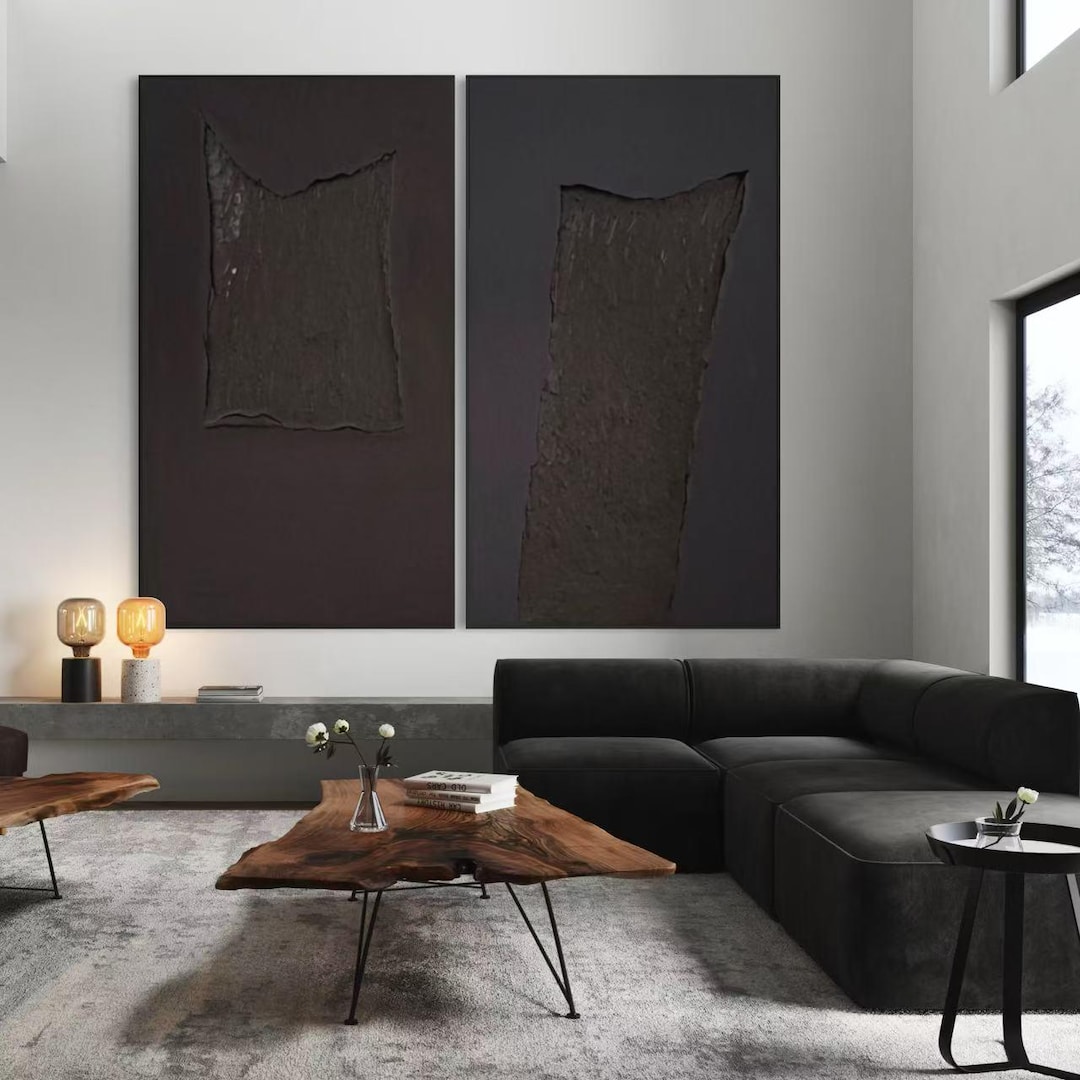 All Black Minimalist Abstract Diptych, 3D Textured Wall Art, Wabi Sabi ...