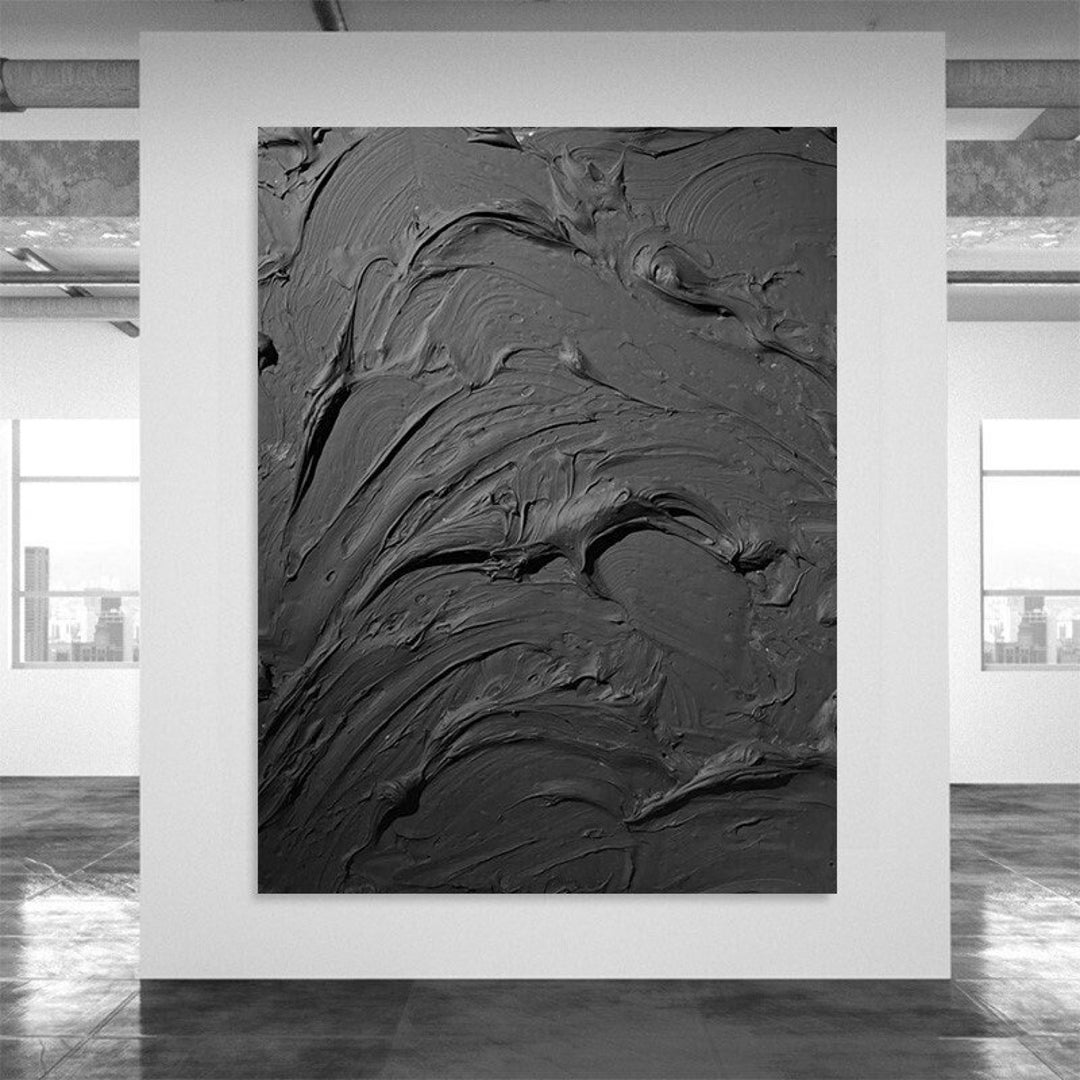 Plain Black, Abstract Thick Textured 3D Wave Pattern, Oversized Modern ...