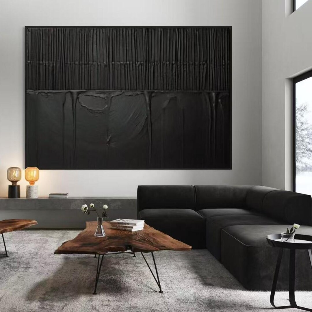 D Unique All Black Wall Art, Modern Handmade Canvas Heavy Texture Oil ...