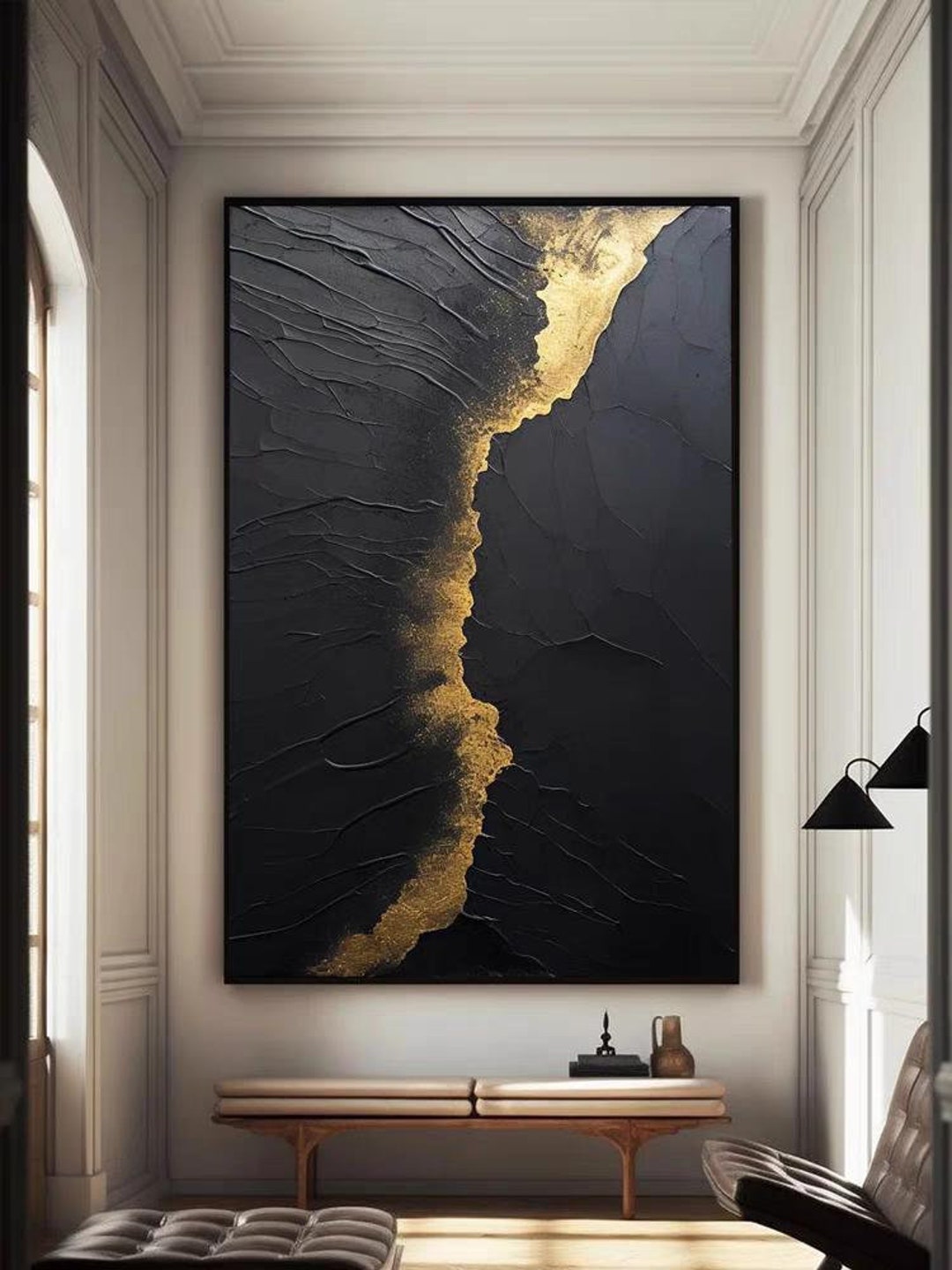 Black Gold Stroke Canvas Oil Painting, Dark Tone Thick Texture Wall Art ...