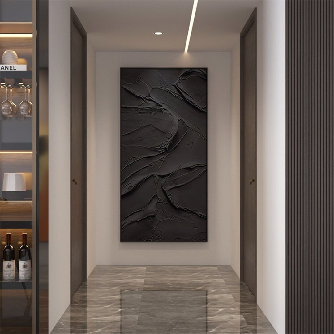 Modern Plain Black Stroke Canvas Wall Art, All Black Thick Texture Art ...