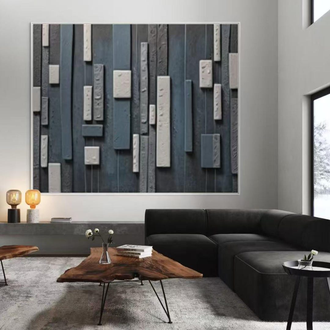 Navy Blue Block Wall Art, Handmade Grey Blue Canvas Painting, Dark Blue ...