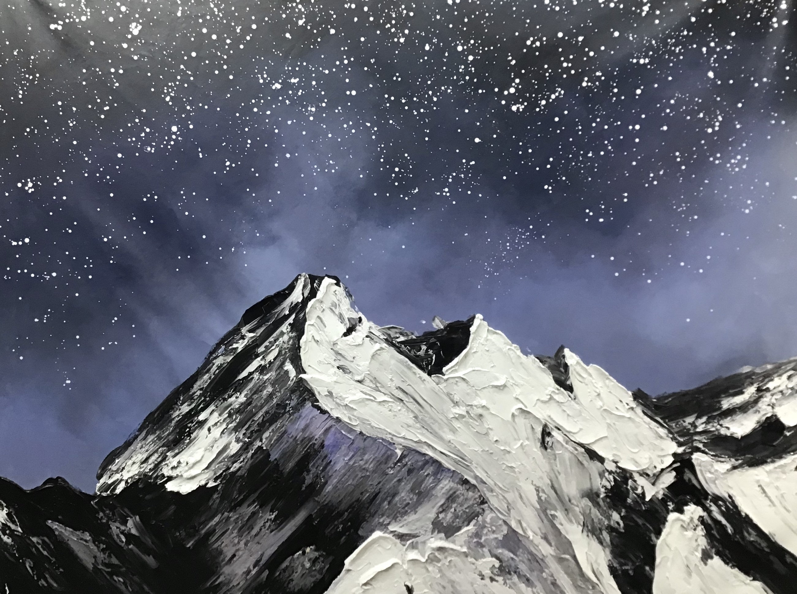 Snowy Mountains With Starry Night Acrylic Painting Handmade Thick ...