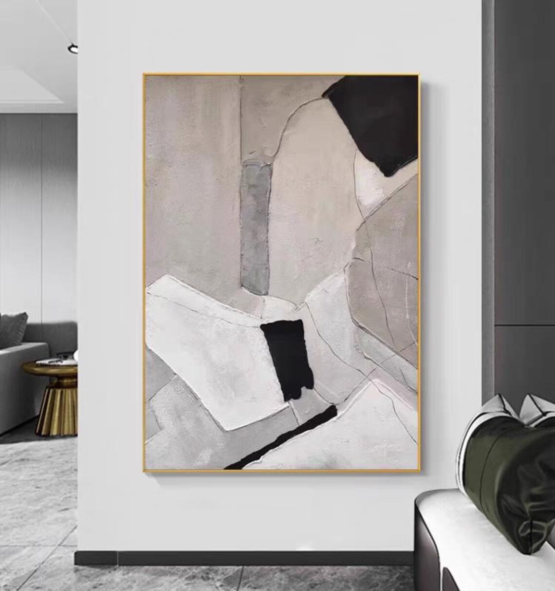 Gray Tone Oil Painting on Canvas, Black White Color Block Acrylic ...