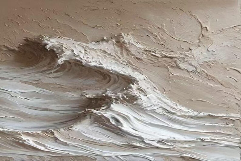 D Handmade Beige Wave Painting, Abstract Custom Canvas Art, Textured ...