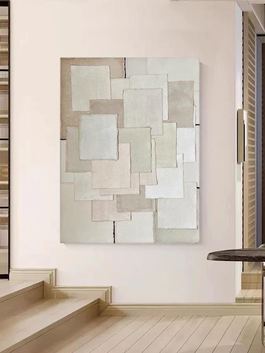 Light Beige White Pink Oil Art, Abstract Checker Wall Art, Extra Large ...