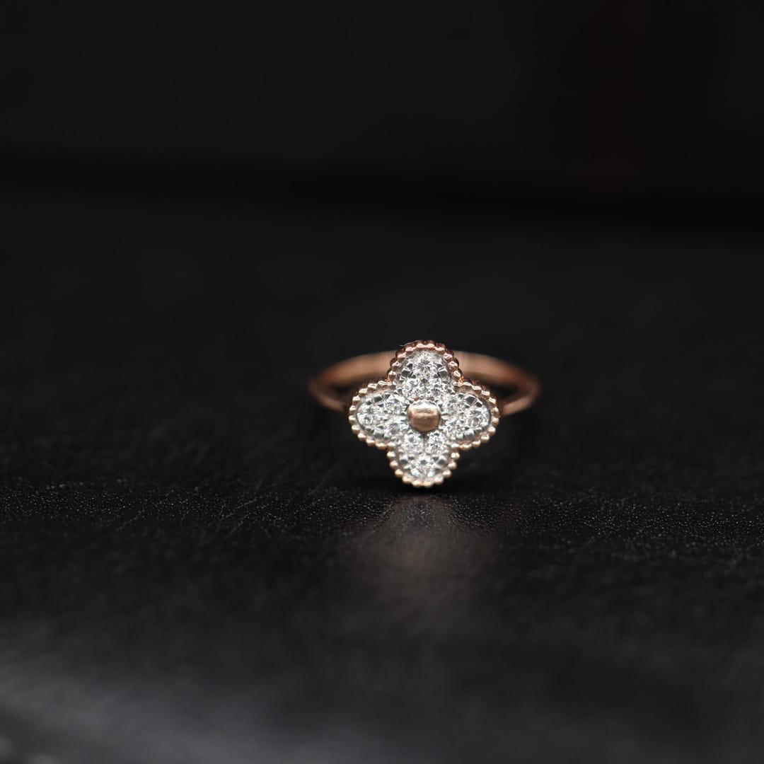 Van Cleef Rose Gold Diamond Pave Clover Ring With Beaded Detailing18kt ...