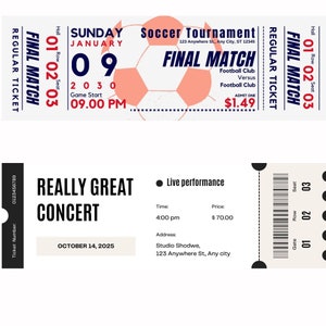 Foot Ball Ticket, Concert Ticket Template, Custom Event Ticket Stub ...