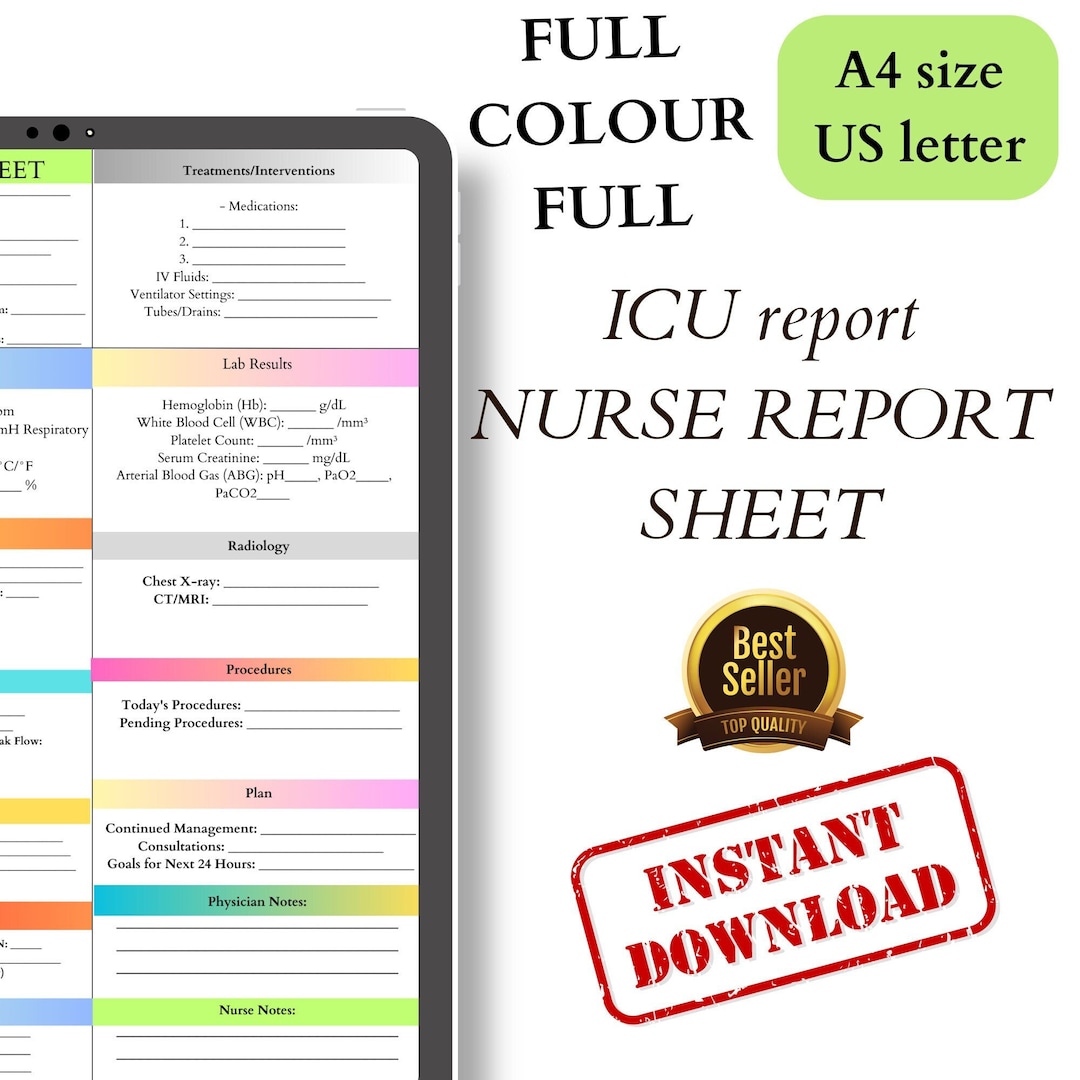 ICU Report Sheet,full COLOUR Full, Med Surg Report, Nurse Brain Sheet ...