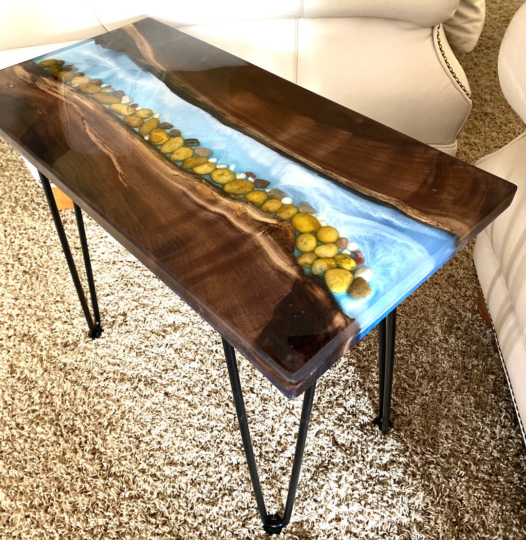 Walnut River End Table: Epoxy Resin, Embedded Rocks and Water Scene ...