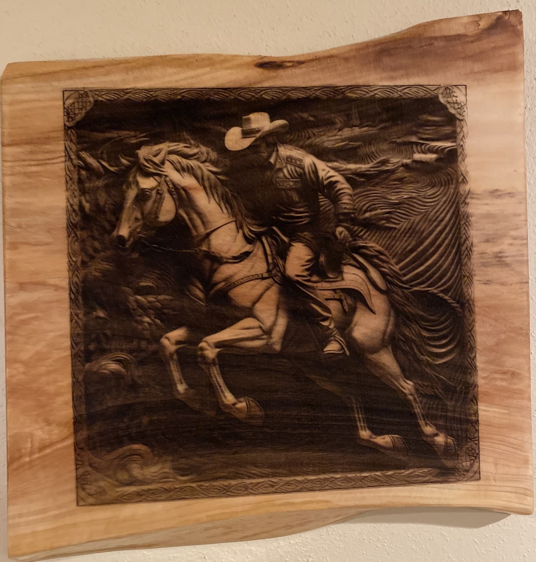 Live Edge Cowboy Scene: Engraved Wood Wall Art - Etsy
