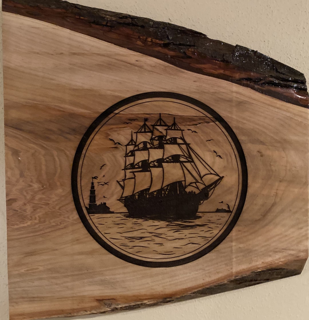 Live Edge Engraved Sailing Scene With Lighthouse in Background ...