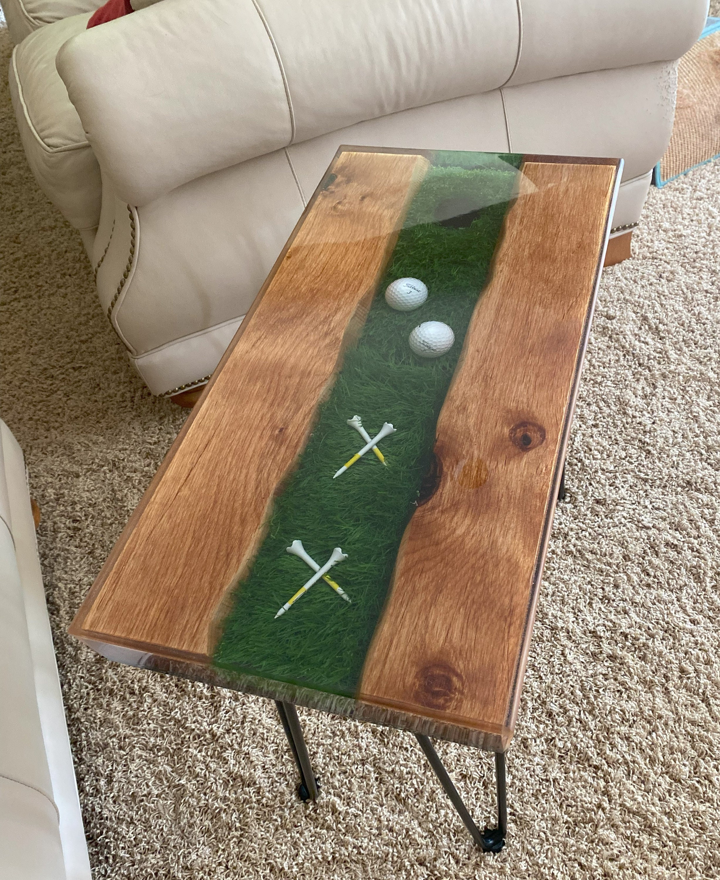 Golf River Table Live Edge End Table Artificial Turf Golf Table Epoxy ...