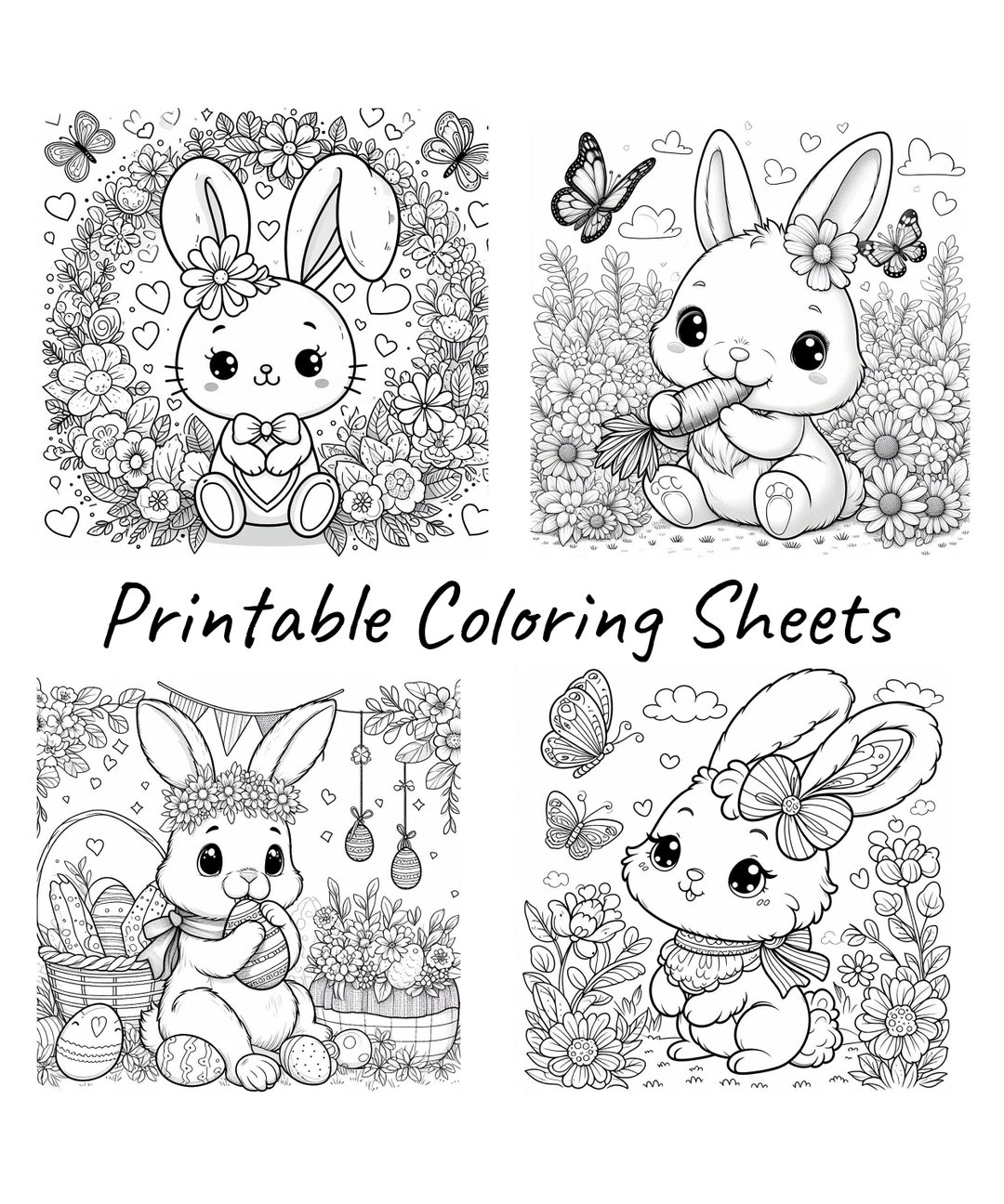 7 Easter Coloring Book Pages for Kids, Bunny Coloring Pages, Spring ...