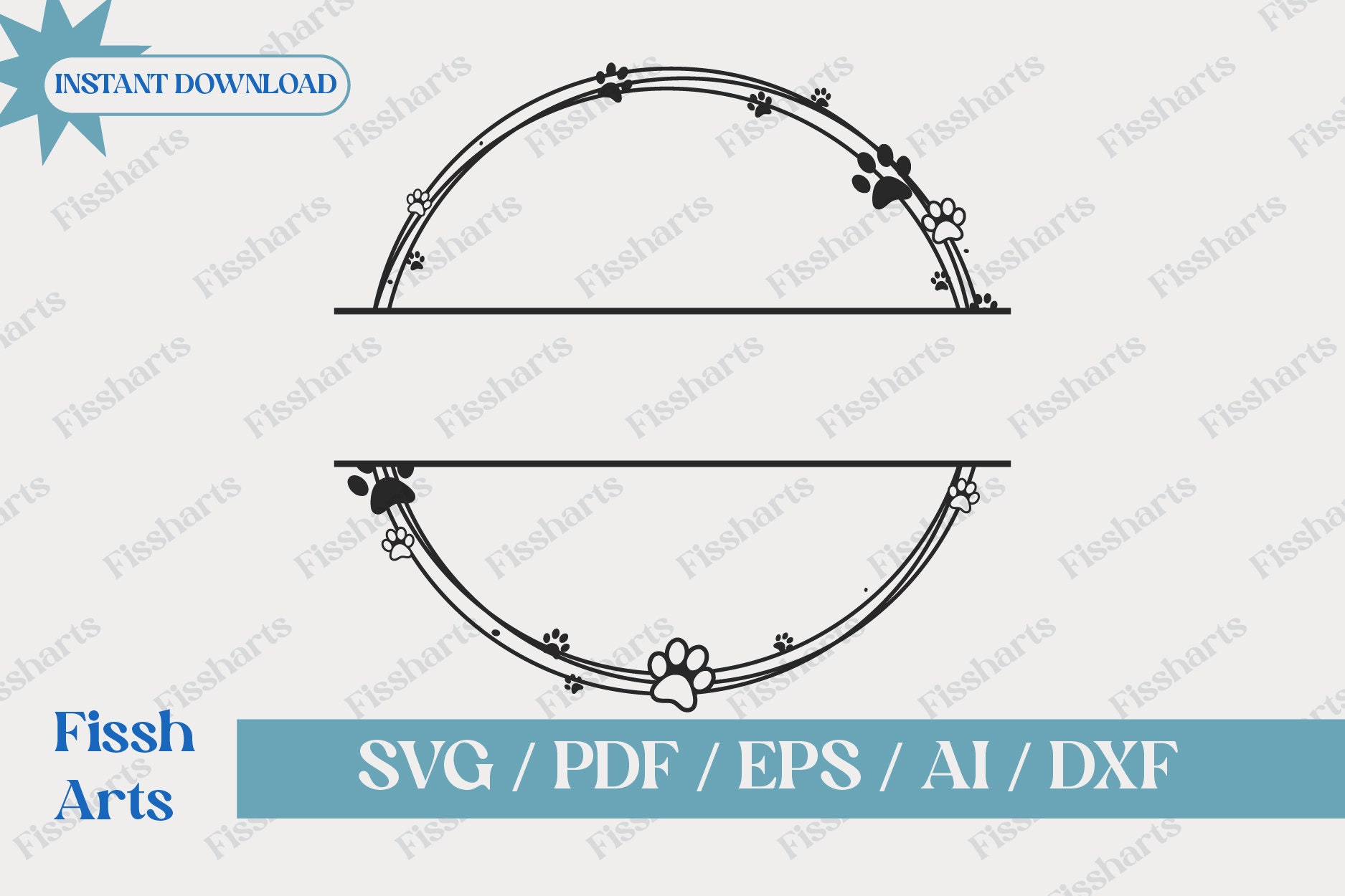 Split Monogram Paw Double Frame Svg | Paw Wreath Svg | Paw Print Double ...