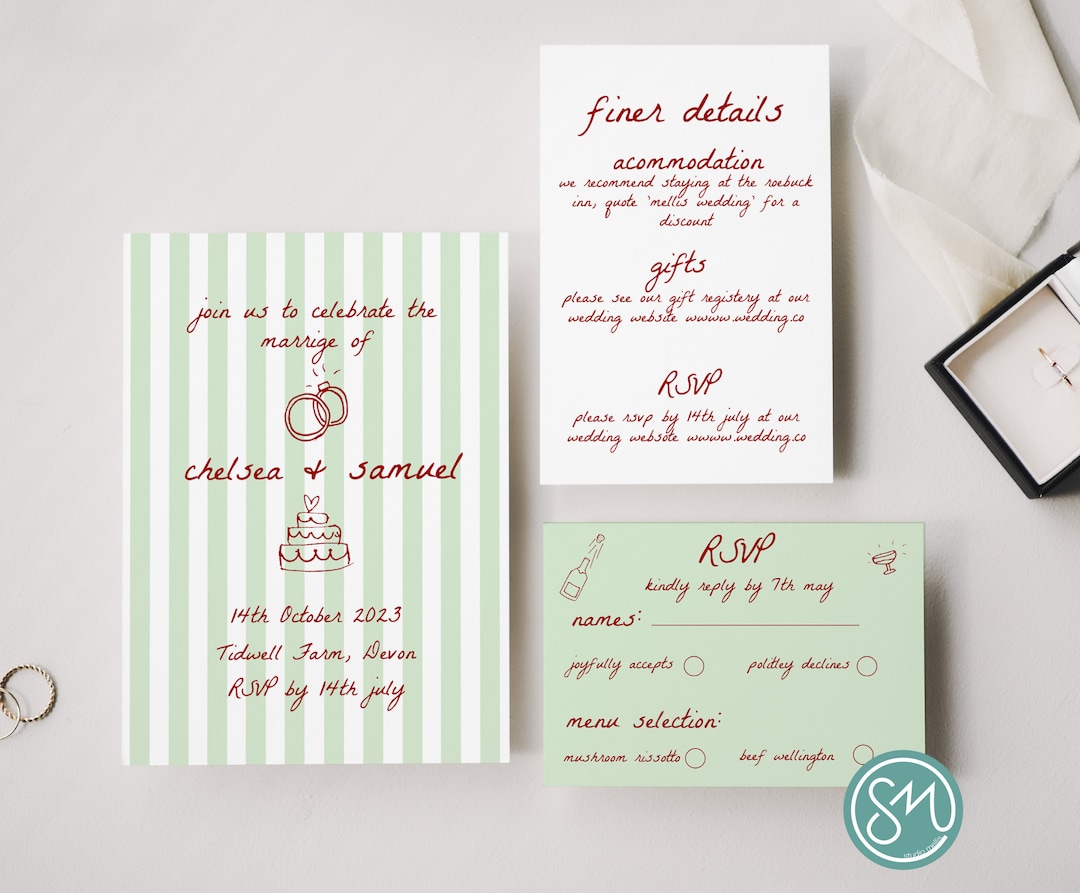 Wedding Invitation Green Stripe Handrawn Illustration, 100% Editable ...