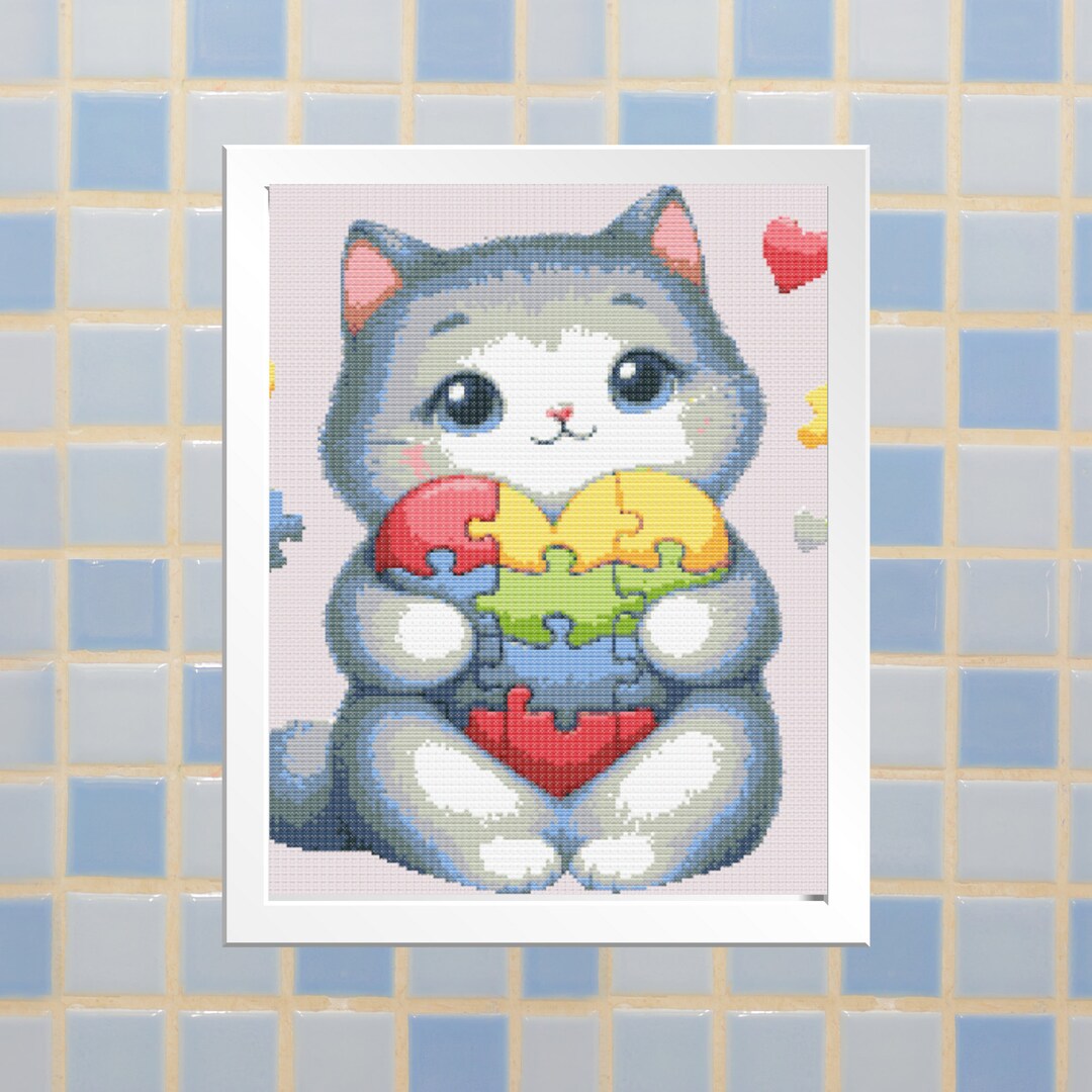 Cross Stitch Pattern, Autism Awareness Puzzle Heart Cute Animals ...