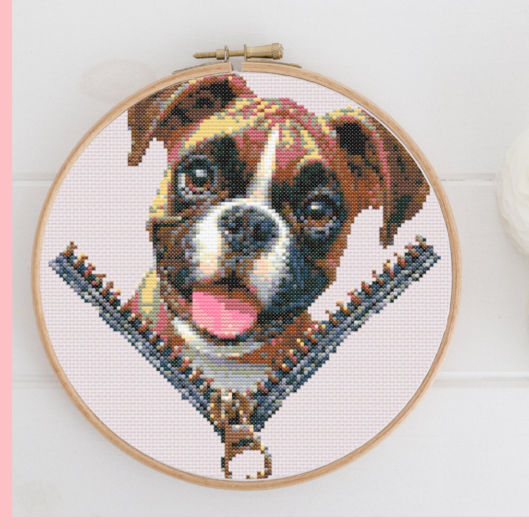 Cross Stitch Pattern - Boxer Puppy Peaking Out From a Zipper - DIY ...