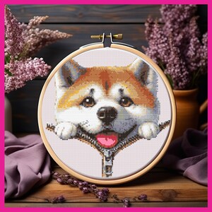 Cross Stitch Pattern - Shiba Inu Puppy Peaking Out From a Zipper - DIY ...