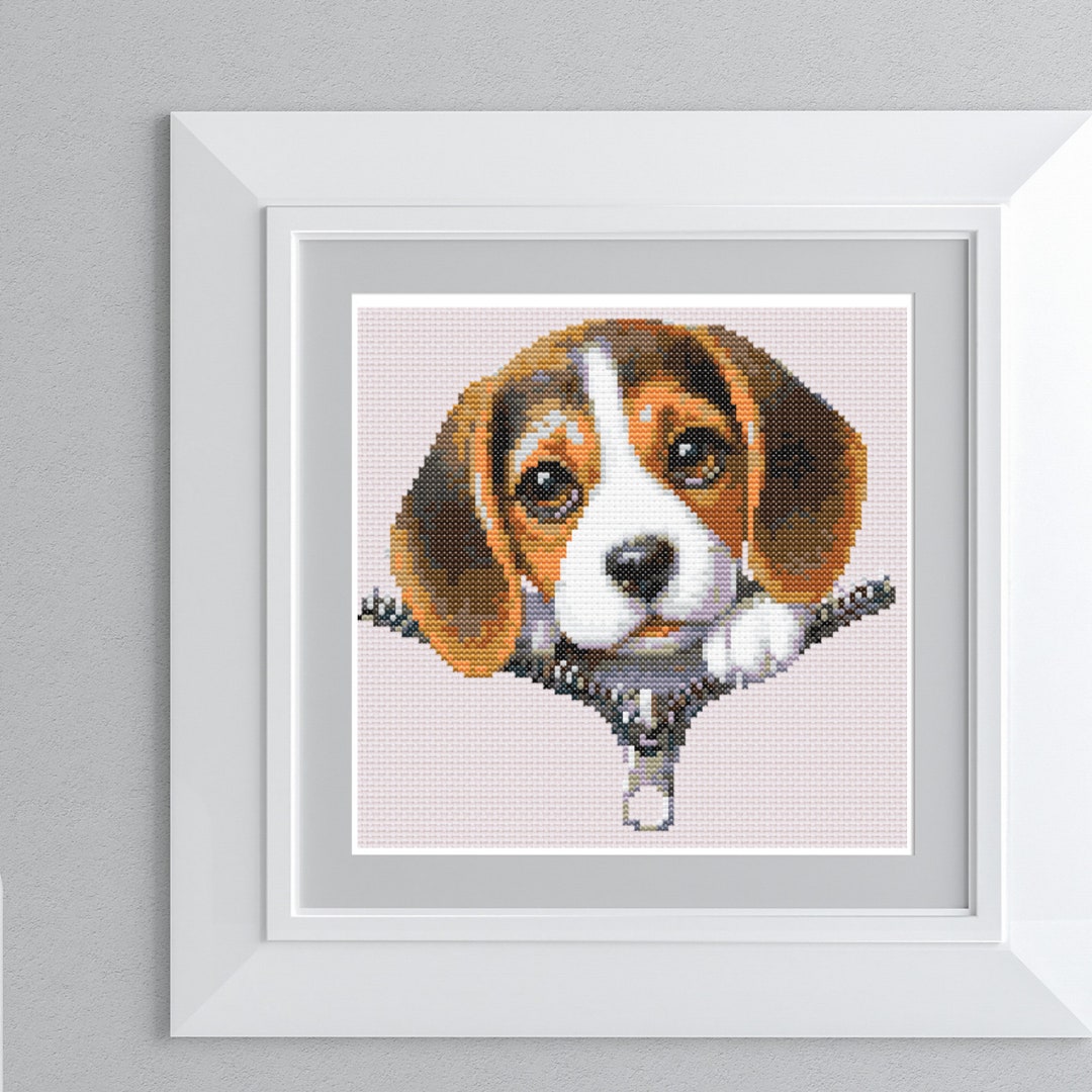 Cross Stitch Pattern - Beagle Puppy Peaking Out From a Zipper - DIY ...