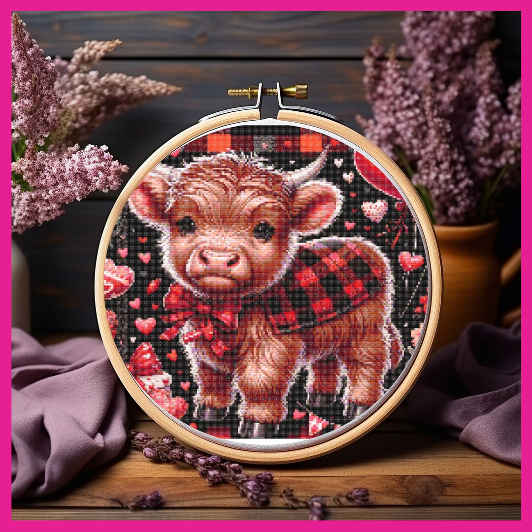 Highland Cow Cross Stitch Pattern , Valentines Day Highland Cow Hand ...