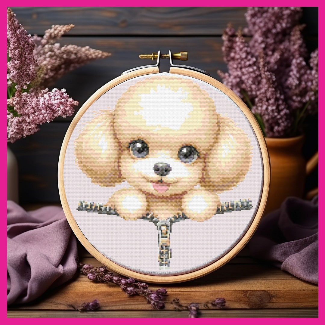 Cross Stitch Pattern - Poodle Puppy Peaking Out From a Zipper - DIY ...