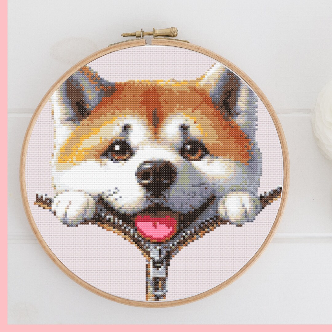 Cross Stitch Pattern - Shiba Inu Puppy Peaking Out From a Zipper - DIY ...