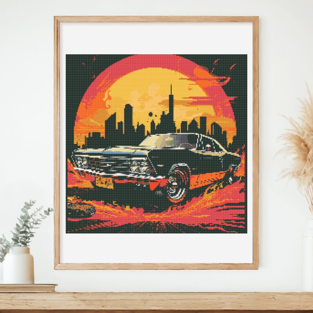 Cross Stitch Pattern Sunset Vintage Car Comic Pop Art, Gift for the Car ...
