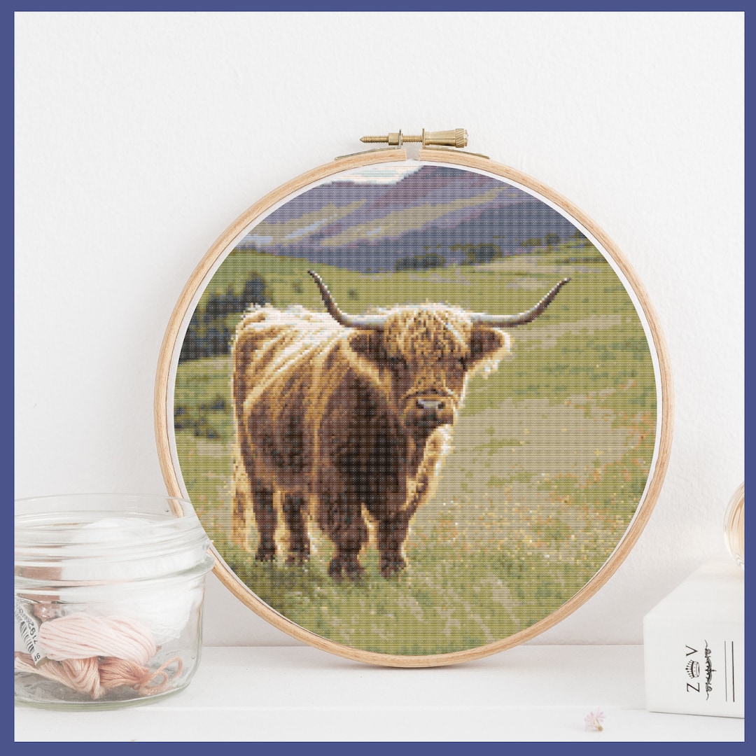 Highland Cow Cross Stitch Patterns, Flower Field, Gift for the Highland ...