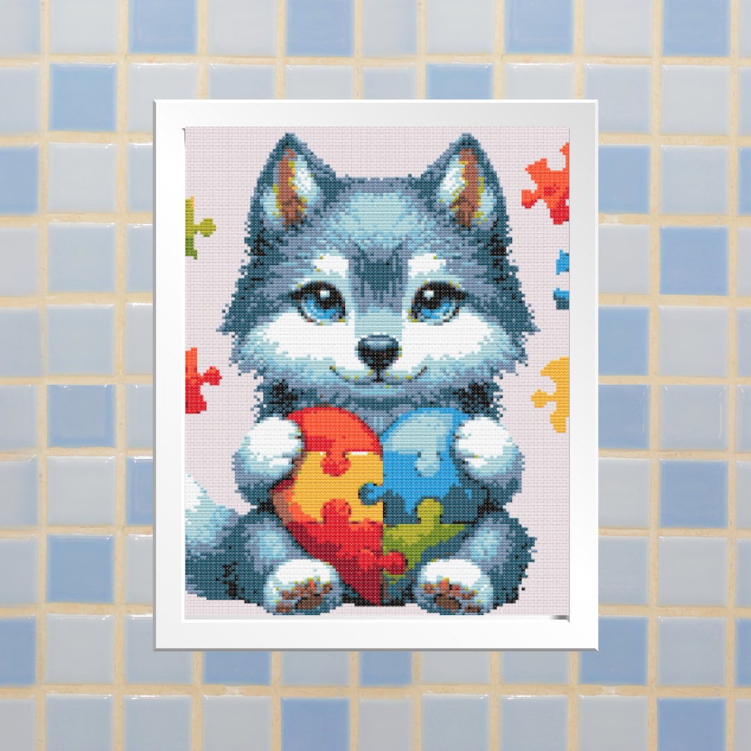 Cross Stitch Pattern, Autism Awareness Puzzle Heart Cute Animals ...
