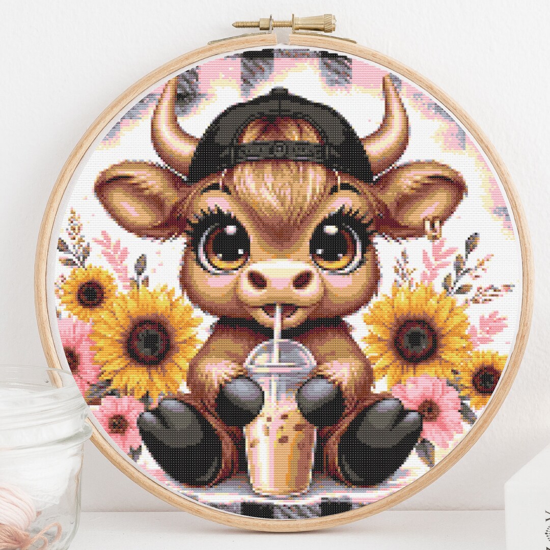 Cross Stitch Patterns Leopard Baby Highland Cow Sipping Iced Cross ...