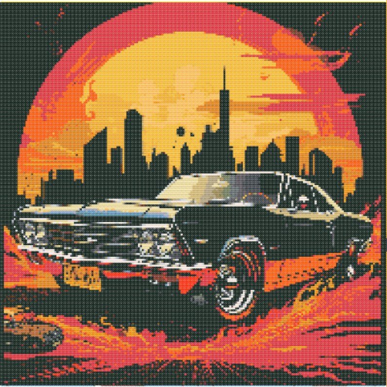 Cross Stitch Pattern Sunset Vintage Car Comic Pop Art, Gift for the Car ...
